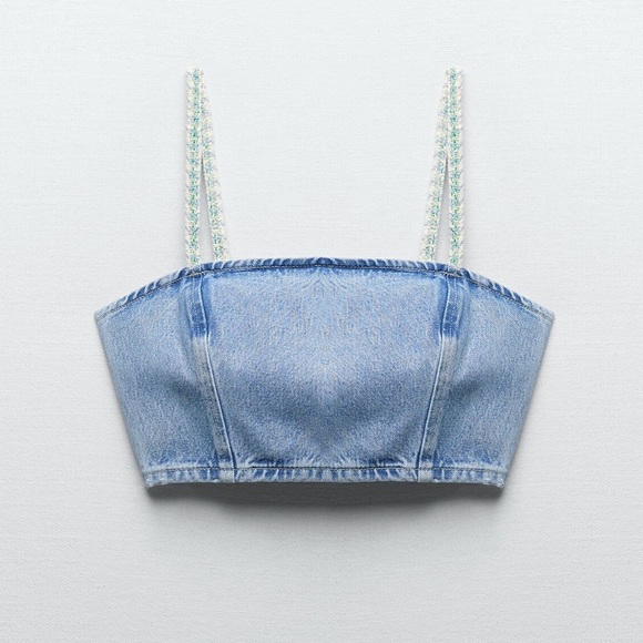 Zara | Tops | Zara Contrast Cropped Denim Top | Poshmark
